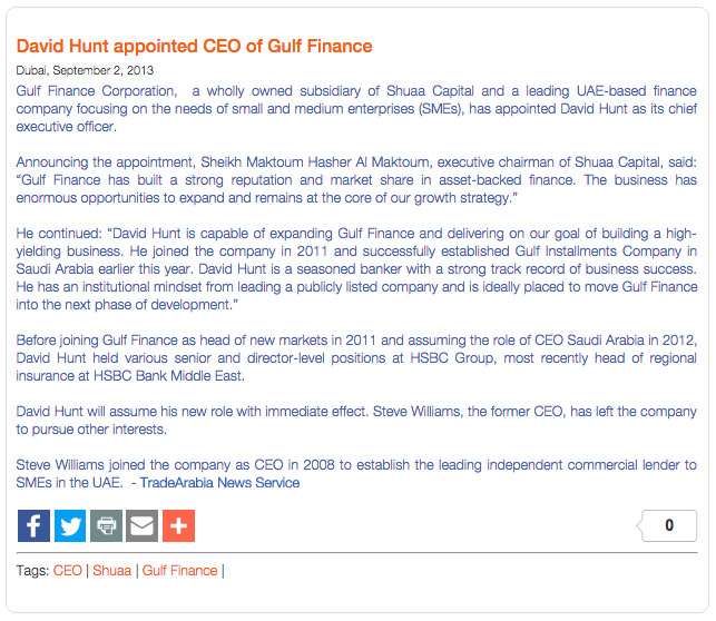 David Hunt Appointed CEO of Gulf Finance